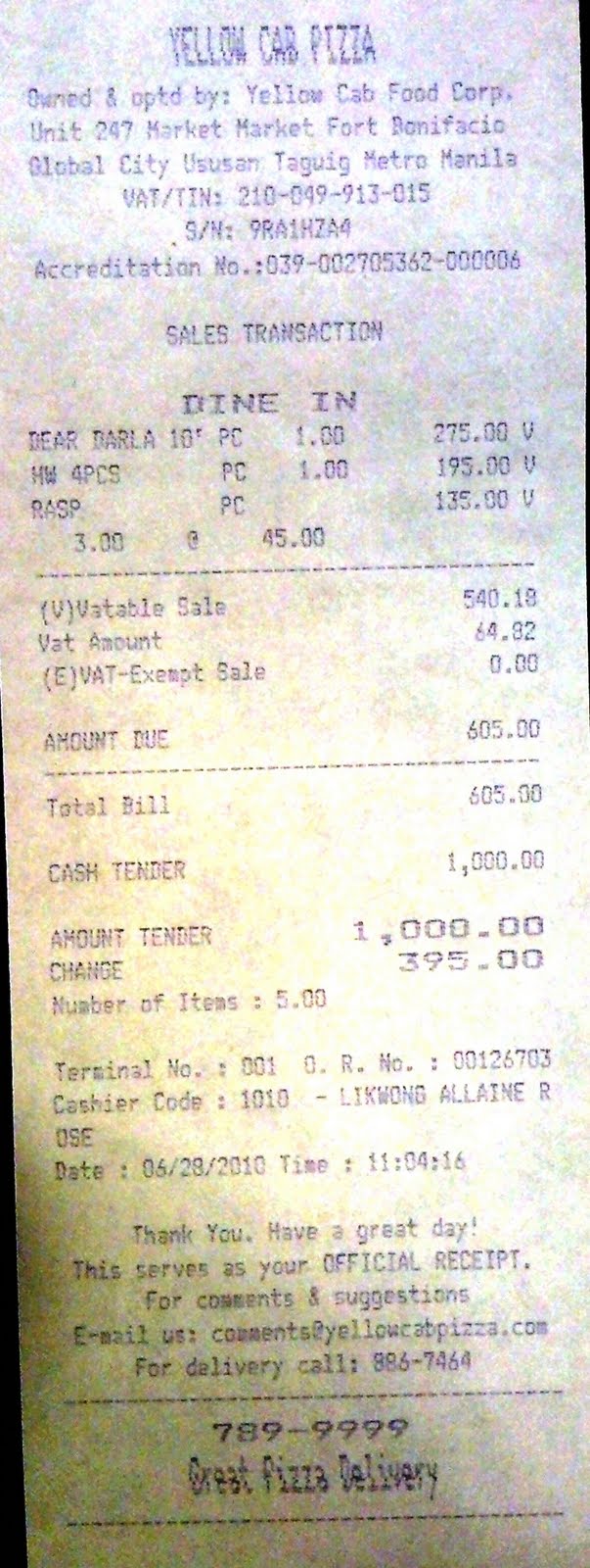 Miss Table Napkin: Yellow Cab's Dear Darla Pizza & Hot Wings