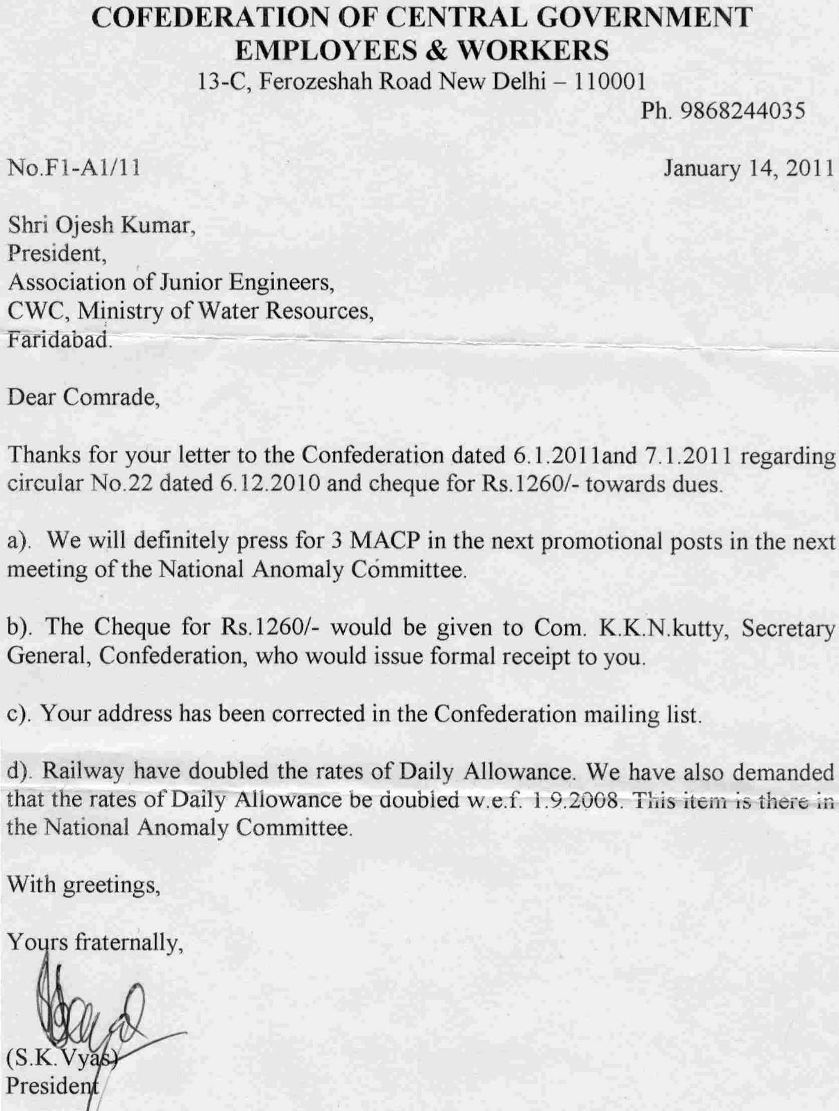 ASSOCIATION OF JUNIOR ENGINEERS, CENTRAL WATER COMMISSION: January 2011