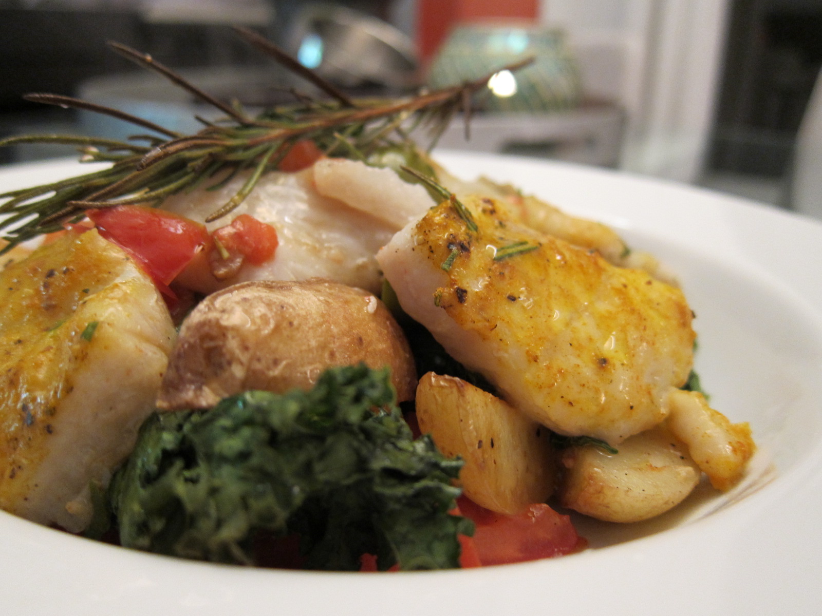 wednesday nite dinner: pan-roasted basa with new potatoes, tomatoes ...