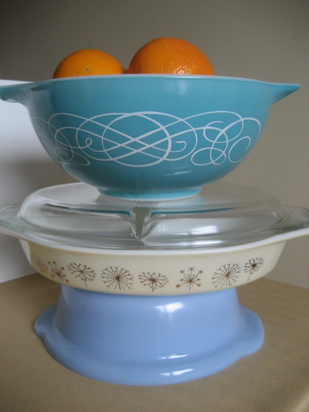 Six Balloons Vintage Delights: Pyrex Aqua Blue Scroll Promotional Bowl