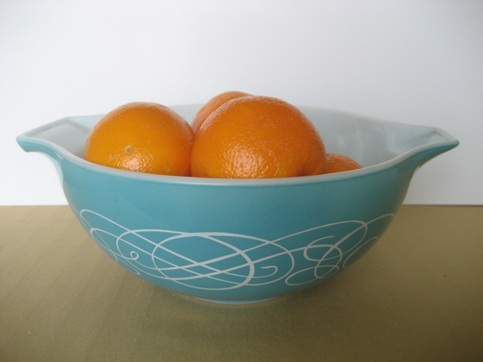 Six Balloons Vintage Delights: Pyrex Aqua Blue Scroll Promotional Bowl