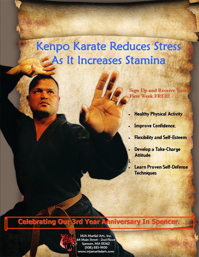 MJA Martial Arts: Kenpo Karate reduces stress as it increases stamina.