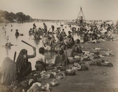 Saburmatee River, Ahmedabad -- women washing clothes, late 1800's or ...