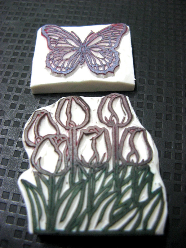 Euphoria's Handcarved Rubberstamps: Eraser Carving: Tulips & Butterfly