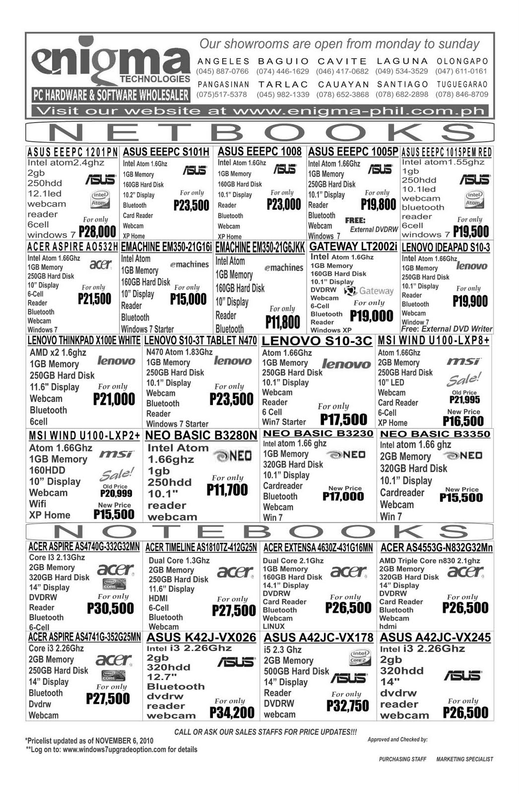 COMPUTER SALES AND SERVICES: Enigma Technologies new update price list