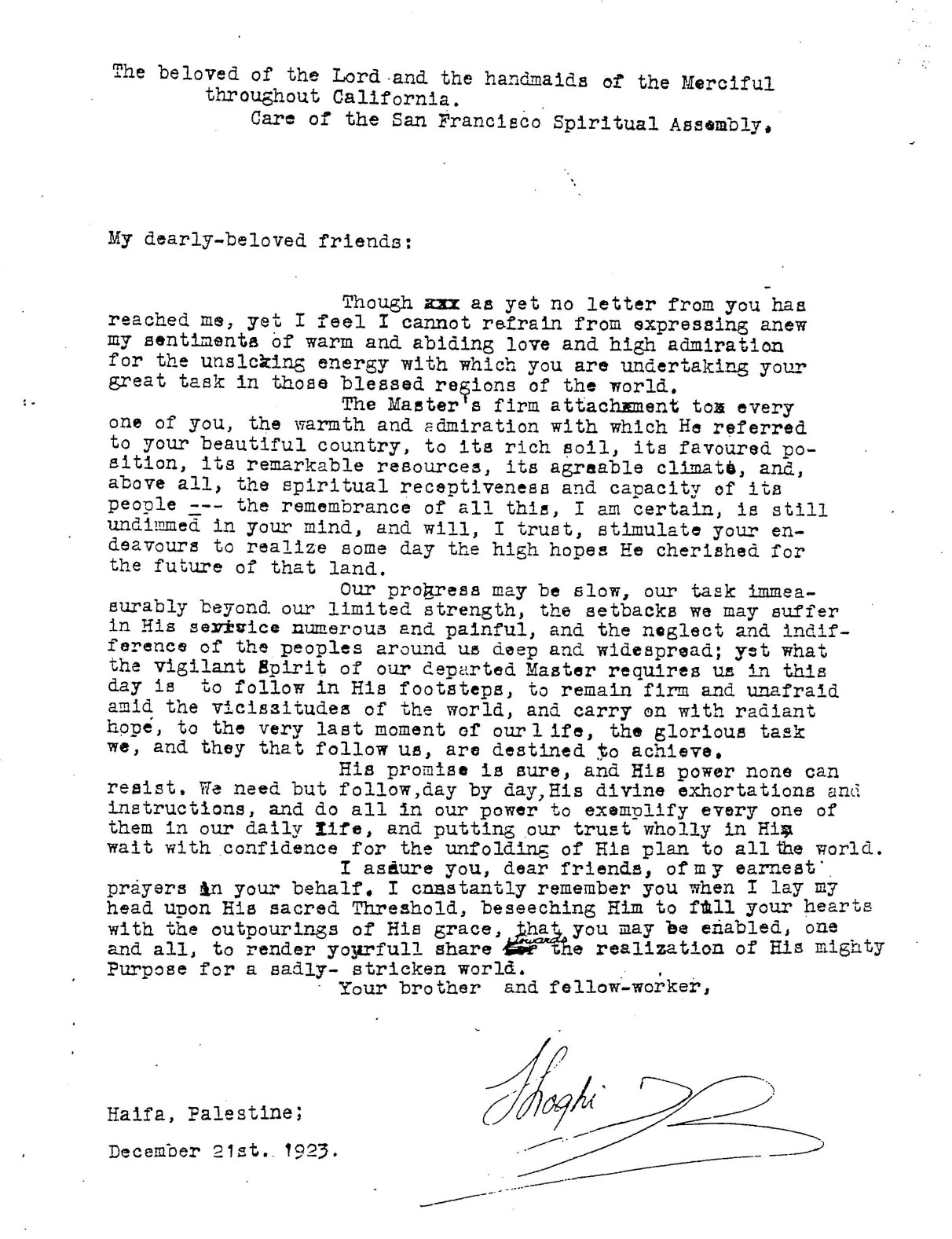 An Encouraging Letter from Shoghi Effendi to the Baha'is of California