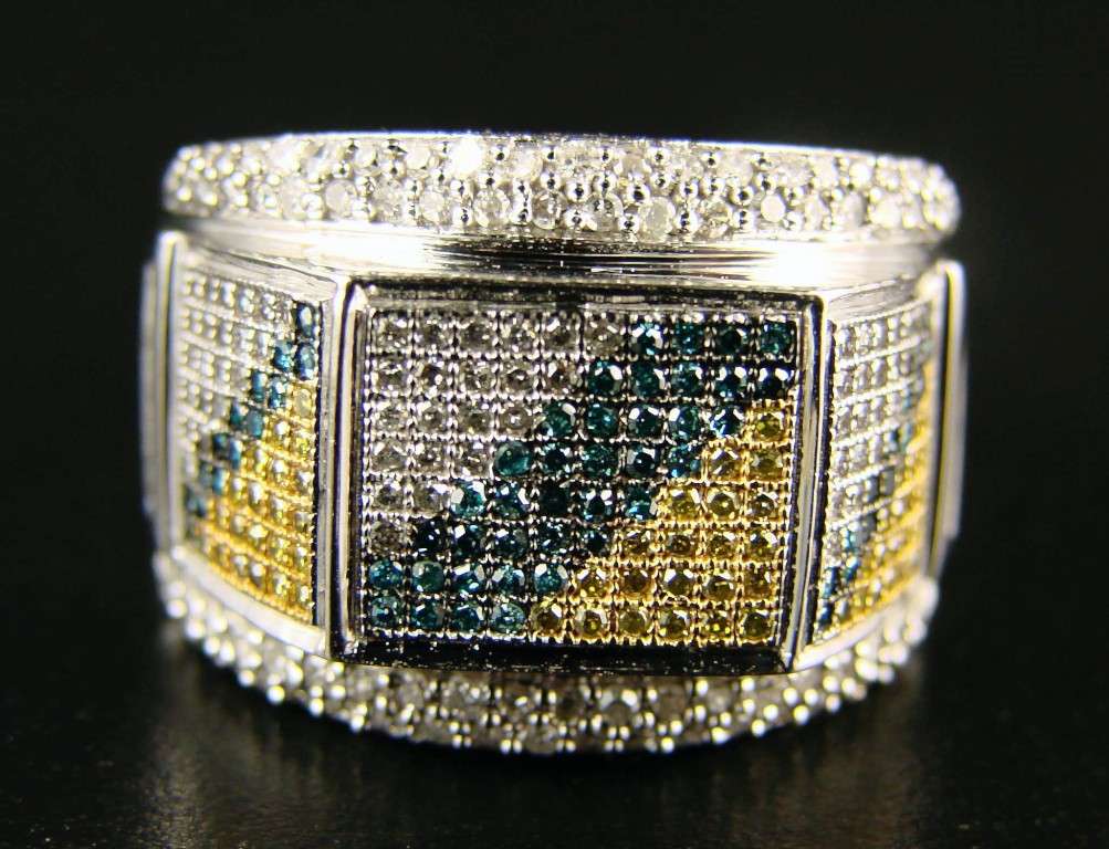 new_york_jewels: MENS WHITE GOLD MULTI COLOR PAVE DIAMOND RING 1.30 CT