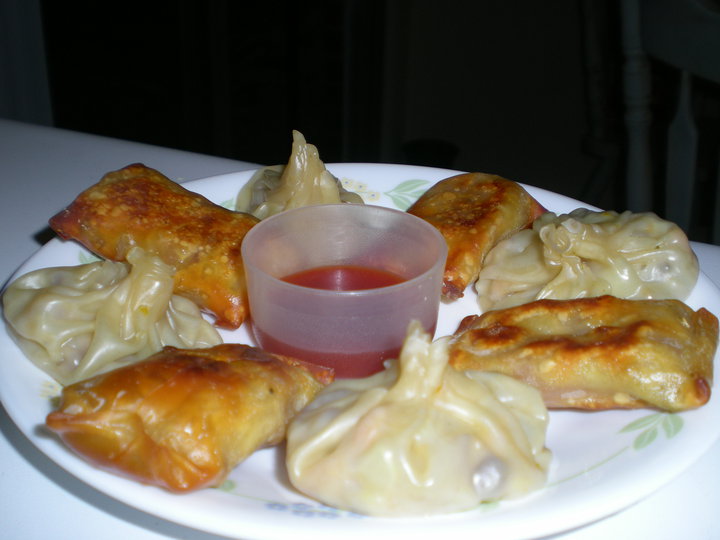 Appalam, Vadai, Thayir sadham: Spring Rolls and Momos