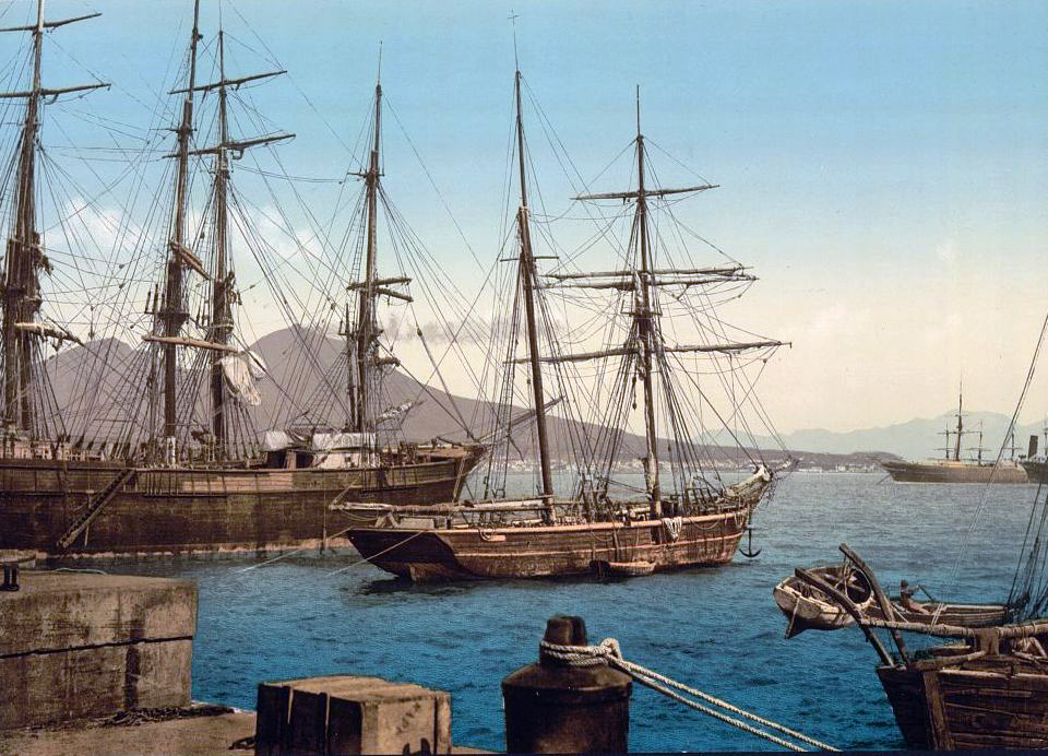 transpress nz: ships in Naples Harbour, Italy, 1890s