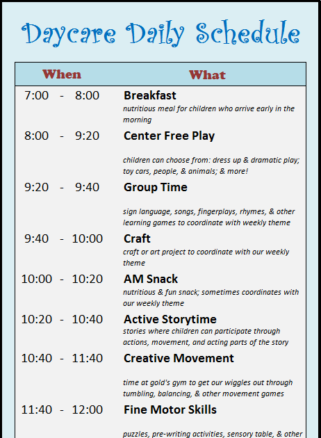 Learning Zone: Daycare Schedule