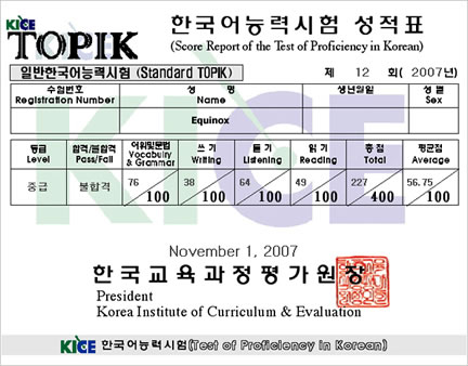 Samples of TOPIK and KLPT score report