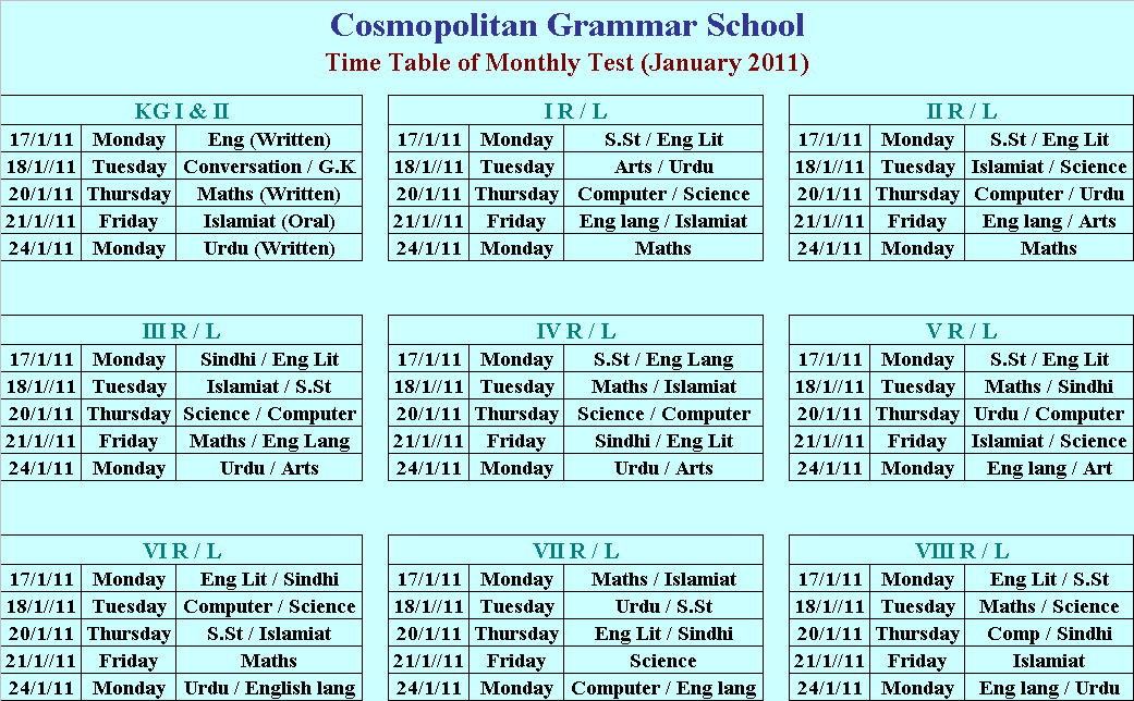 Cosmopolitan Grammar School: Time Table of Monthly Test (January 2011)