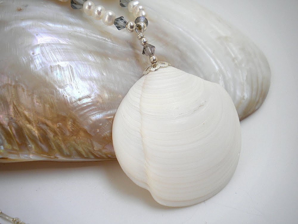 Del's Shells: White Shell Necklace with Black Diamond Crystals and Biwa ...