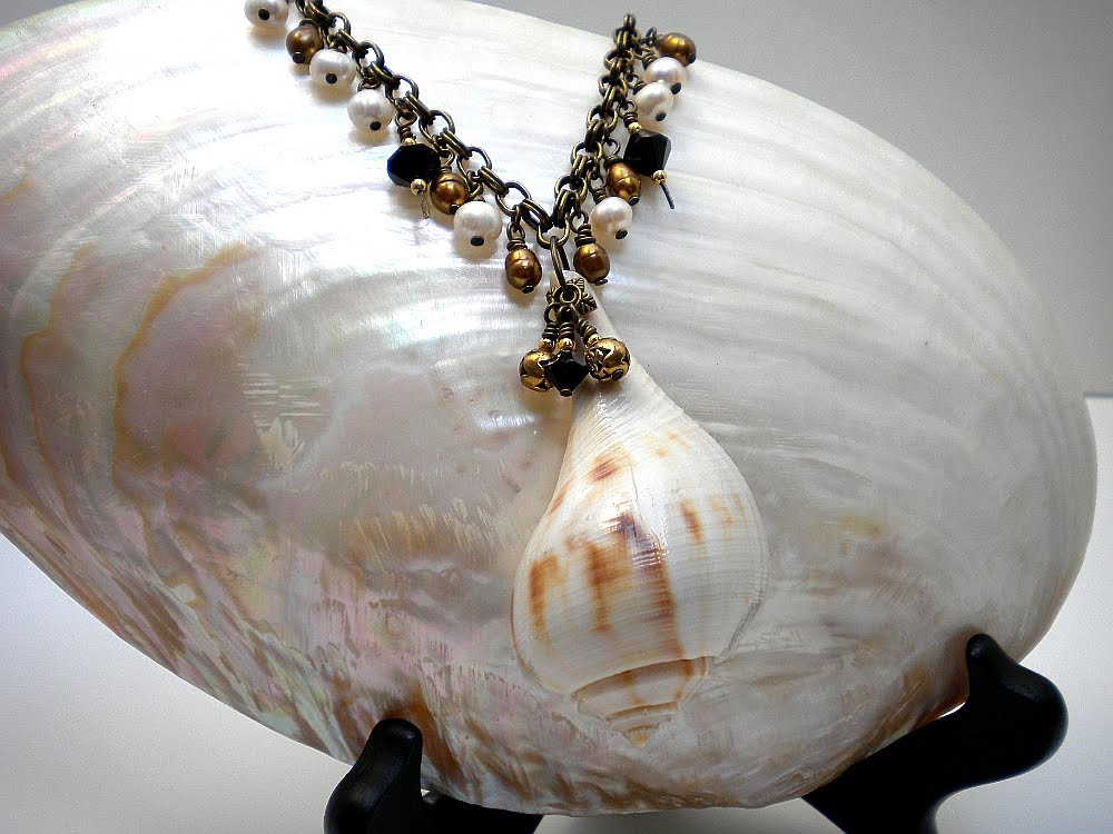 Del's Shells: Pear Whelk Shell Necklace with Freshwater Pearls