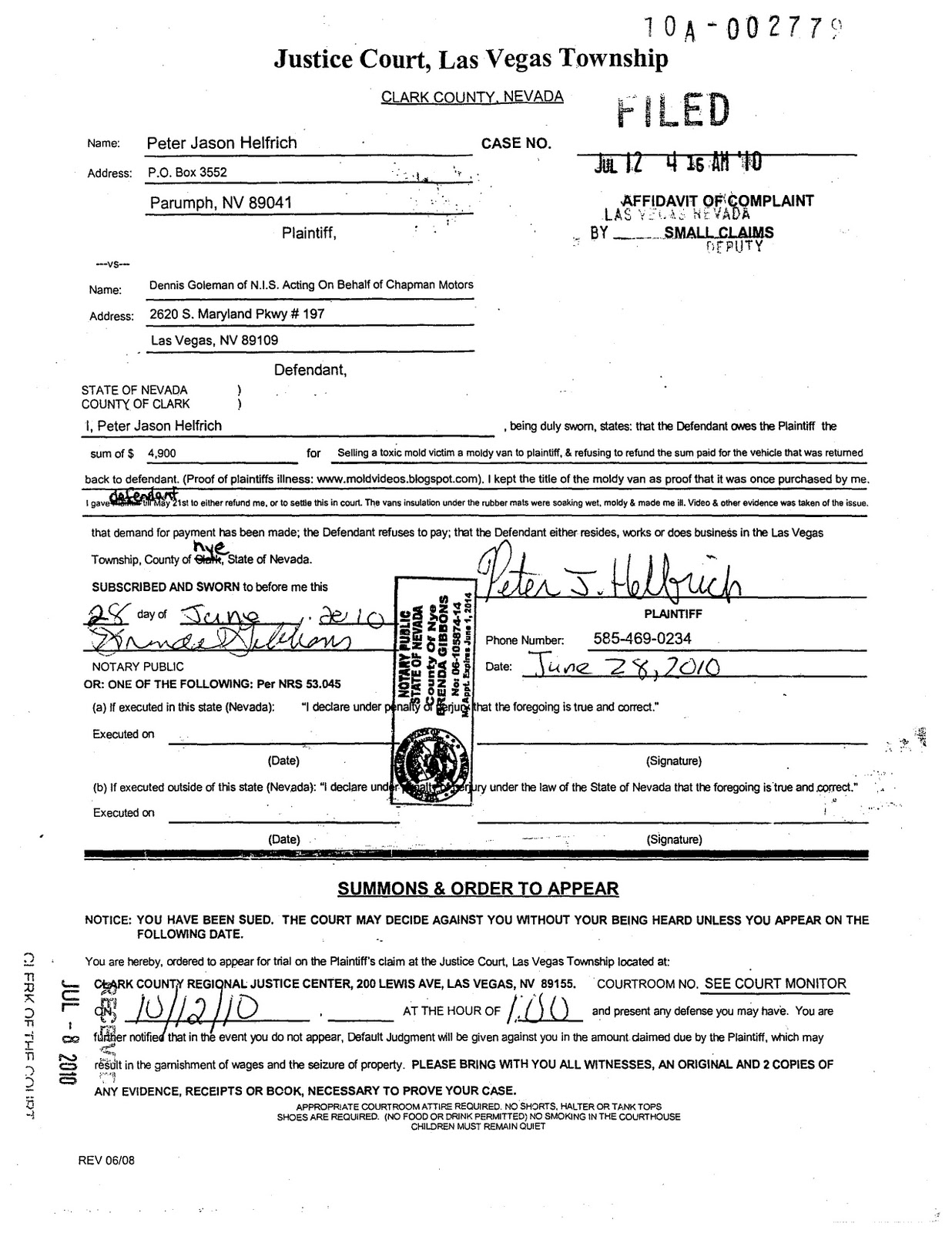 Chapman Motors / Dennis Goleman Court Evidence