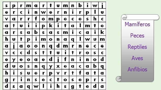Los Animales Vertebrados: Sopa de letras