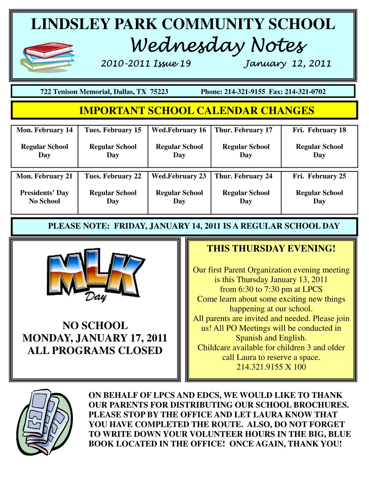 LPCS PARENT ORGANIZATION: Wednesday notes