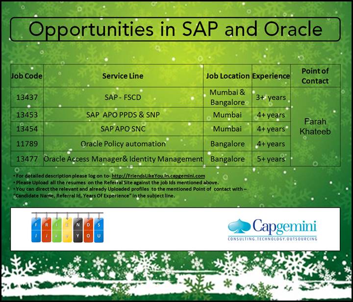 referral openings: [EXP] Capgemini SAP and Oracle - Mumbai - Bangalore