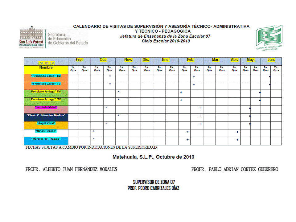 Supervisión y Jefatura de Enseñanza Zona 07: Calendario de Visitas a ...