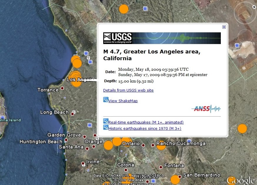 Rapid Mapping: Information about earthquakes by USGS in Google Earth