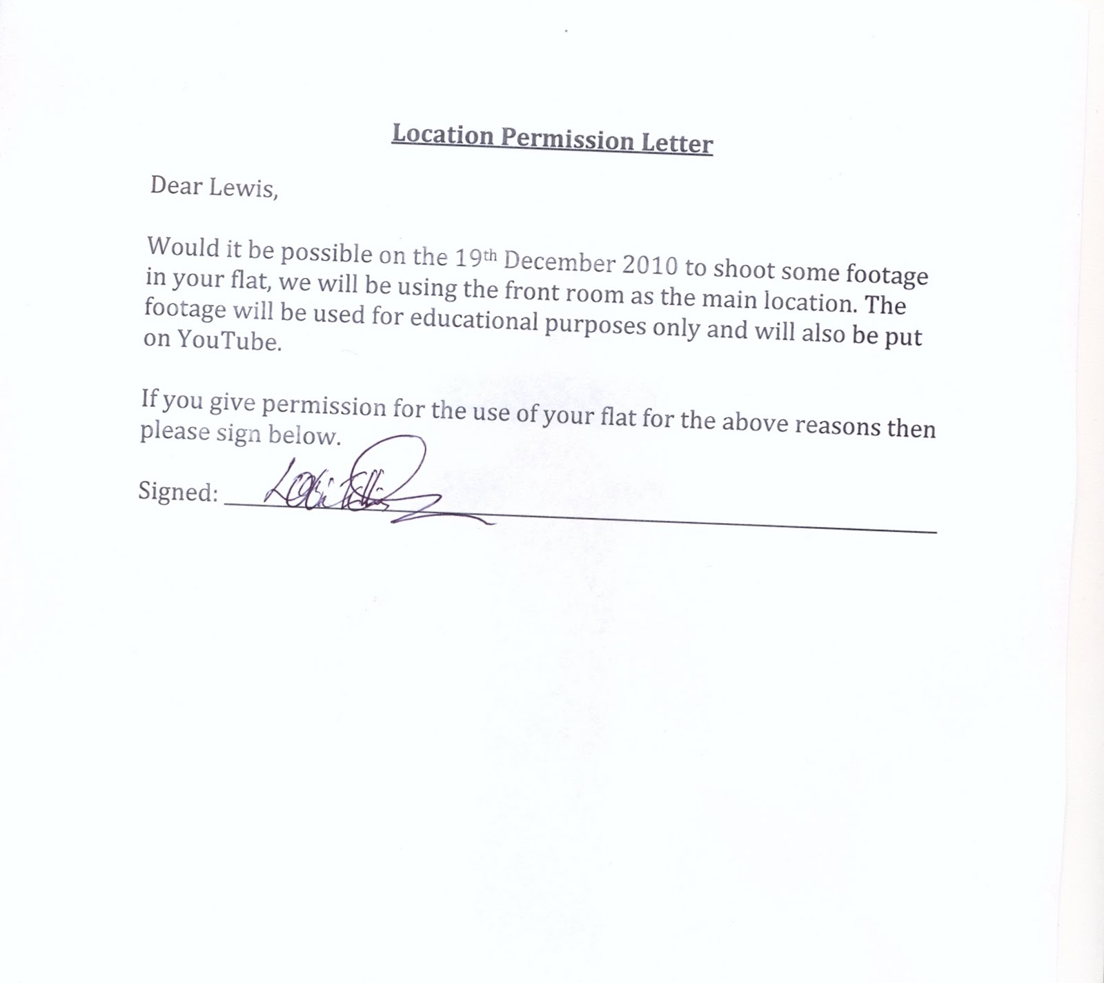 Hayley Cahill: Location Permission Letter