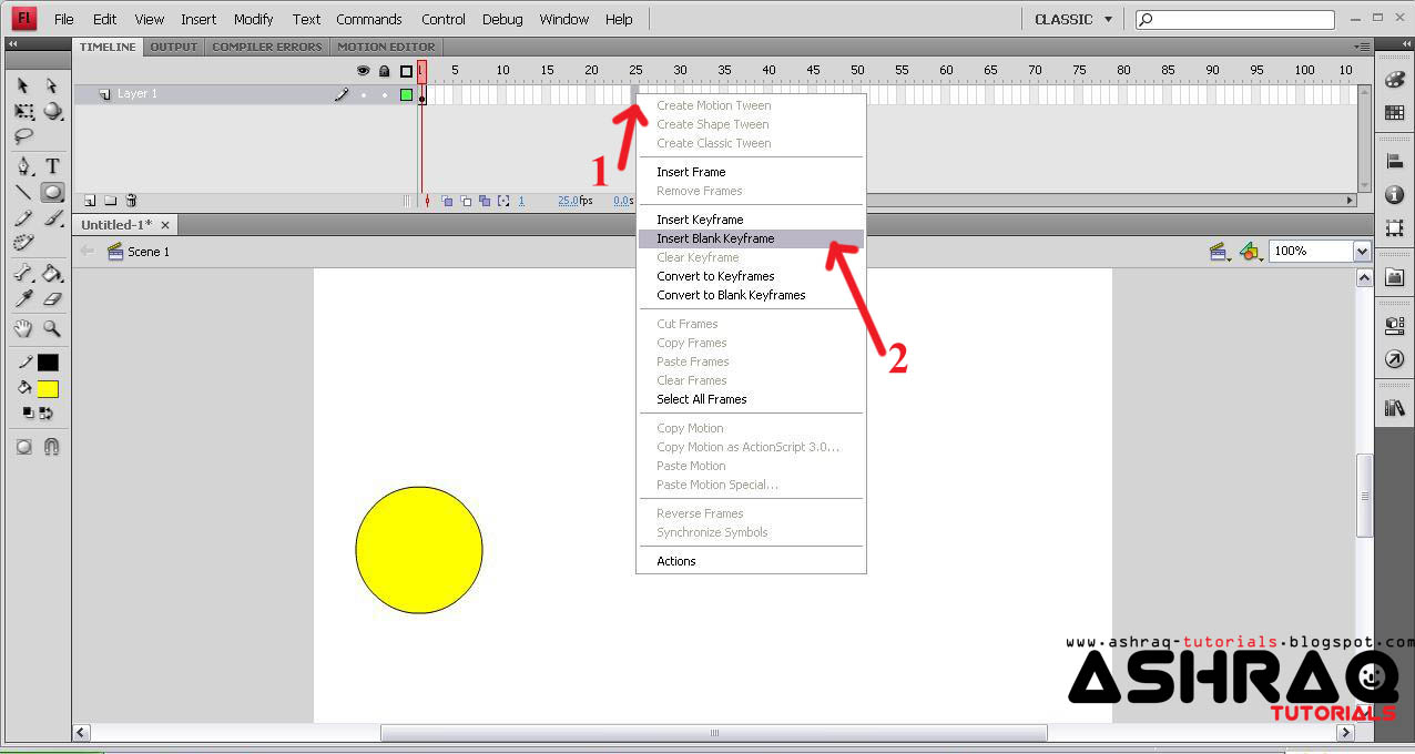 Tutorial Adobe Flash Dalam Bahasa Melayu...: Membuat animasi Shape Tween menggunakan Adobe Flash CS4