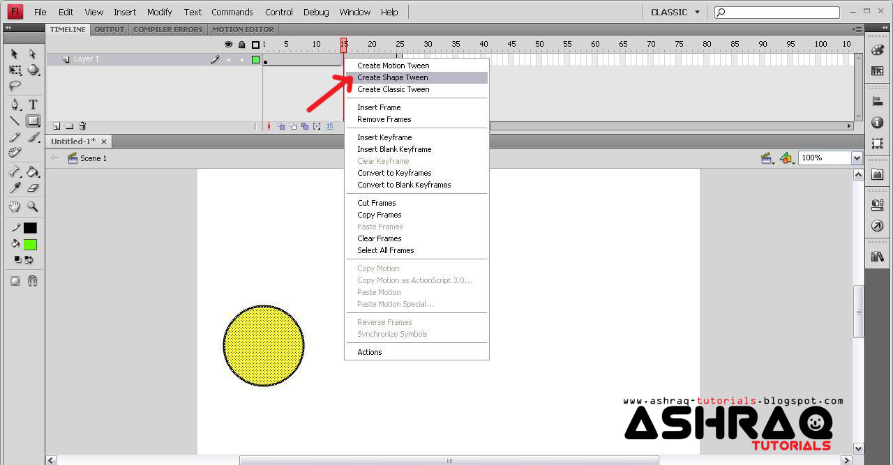 Tutorial Adobe Flash Dalam Bahasa Melayu...: Membuat animasi Shape Tween menggunakan Adobe Flash CS4