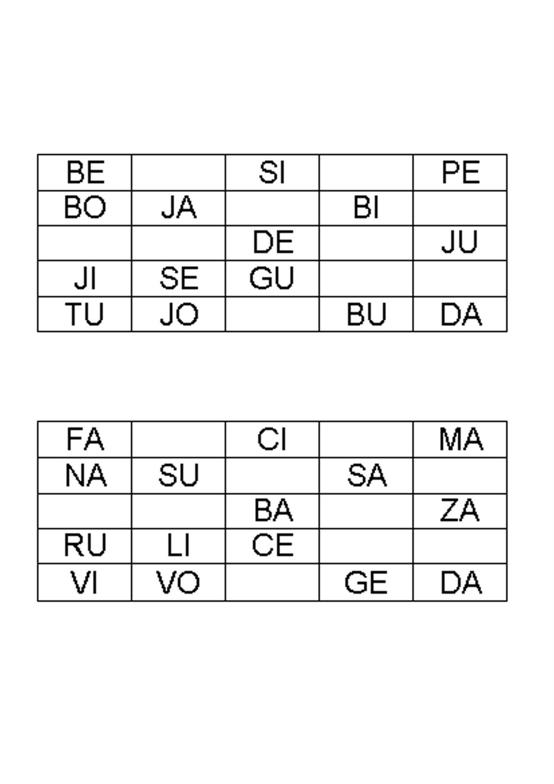BREAL-Dislexia: Bingo de sílabas directas en mayúsculas