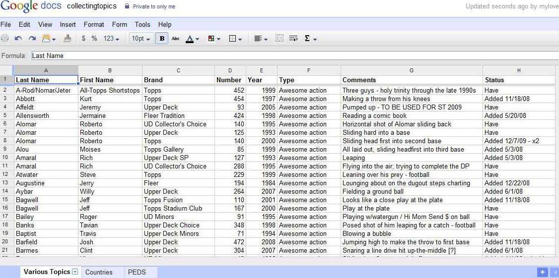 Card Buzz: Google Docs spreadsheet