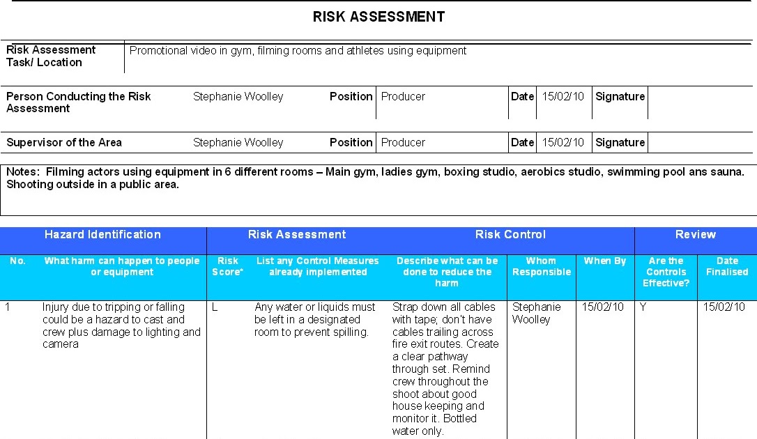 Stephanie Woolley: Risk Assessment forms