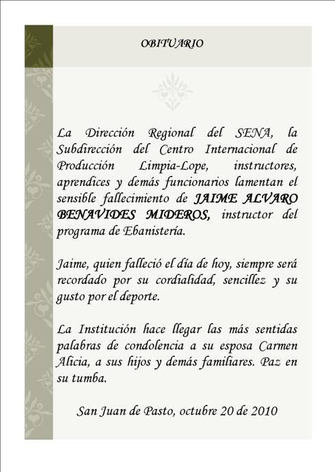 Centro Internacional de Producción Limpia- Lope: Obituario