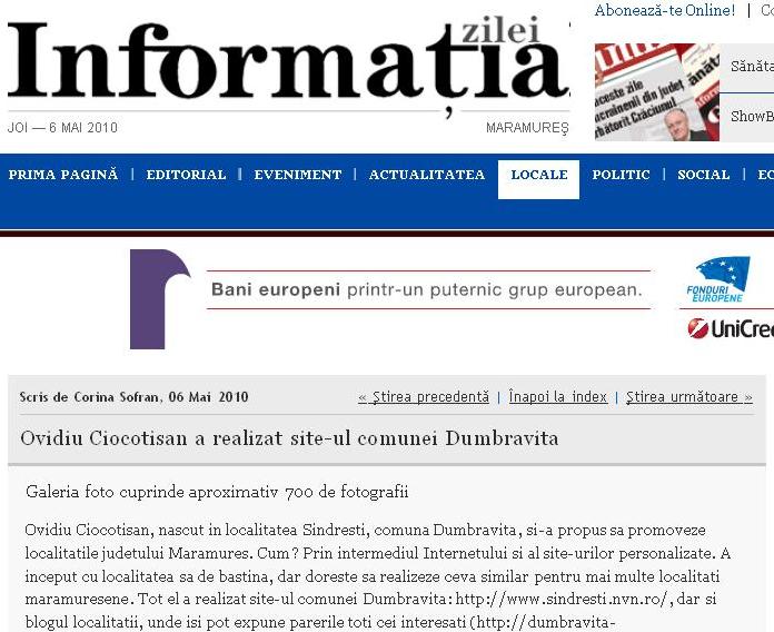 Comuna Dumbravita - Maramures: Articol in INFORMATIA ZILEI despre site ...