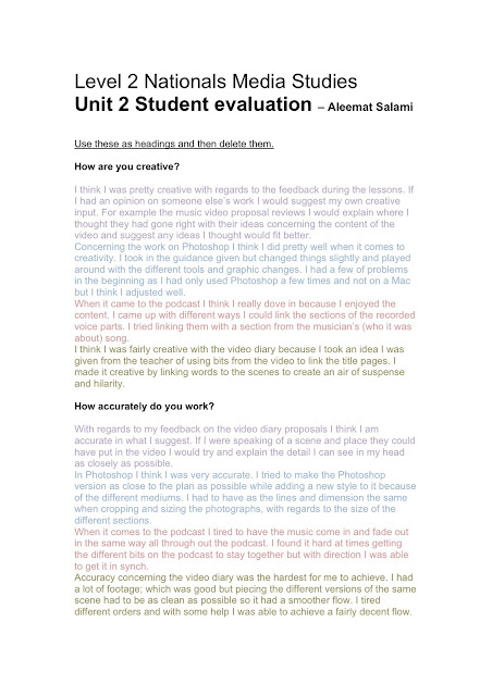 Media Nationals Level 2 Unit 2: Student Evaluation