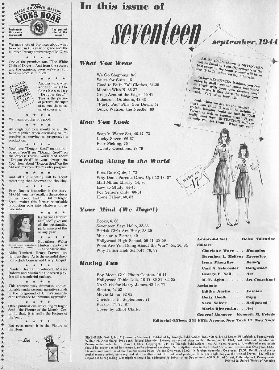 Seventeen Magazine Vintage: 1944 SEVENTEEN MAGAZINE CONTENTS PAGE