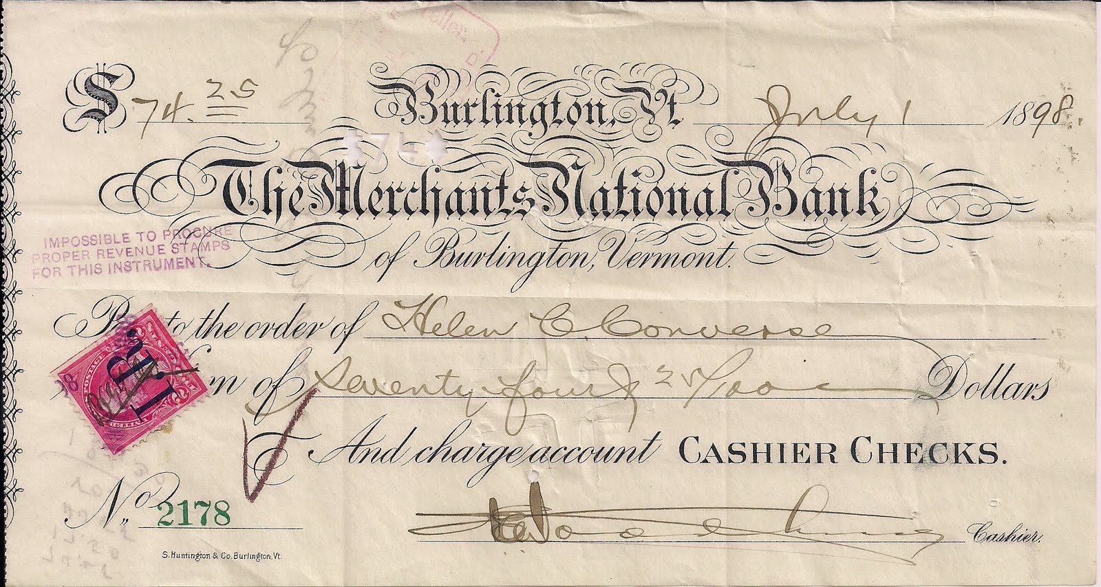 1898 Revenues: Bank Checks