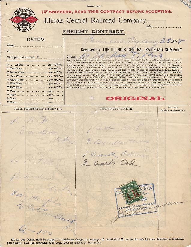 1898 Revenues: Bill of Lading - Illinois Central Railroad