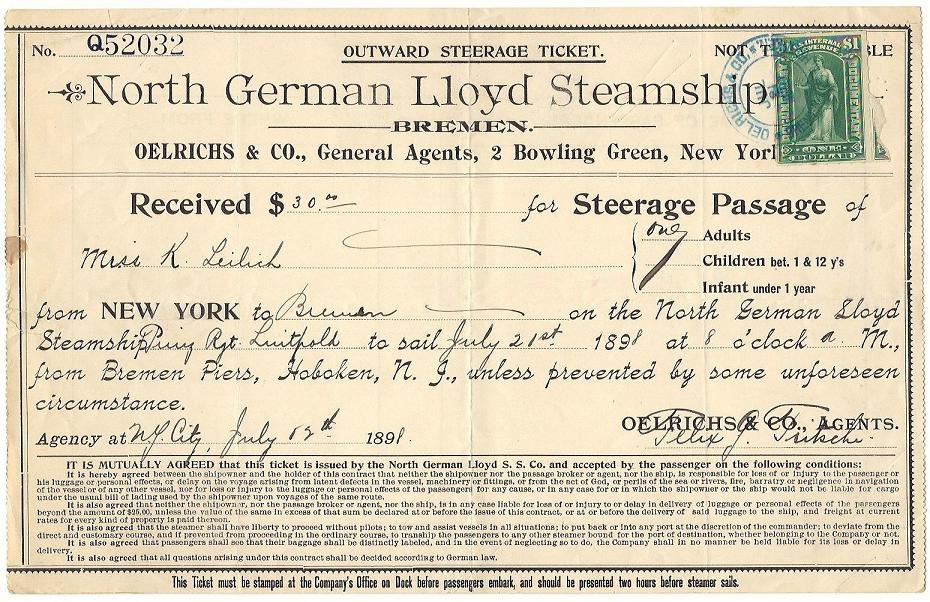 1898 Revenues: Ocean Passage Tickets Revisited - Oelrich & Co. New York
